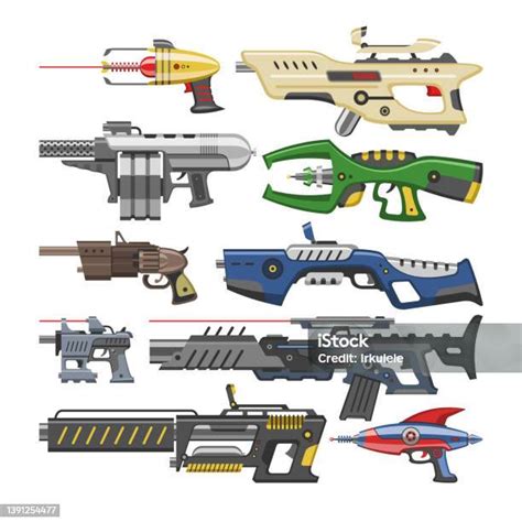 미래 지향적 인 권총과 광선을 갖춘 무기 벡터 블래스터 레이저 건 레이저 총에 대한 스톡 벡터 아트 및 기타 이미지 레이저 총 총 태양광선 Istock