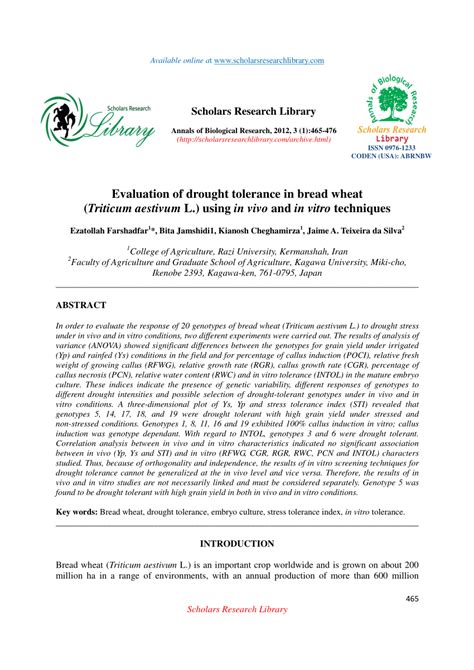 Pdf Evaluation Of Drought Tolerance In Bread Wheat Triticum Aestivum L Using In Vivo And In