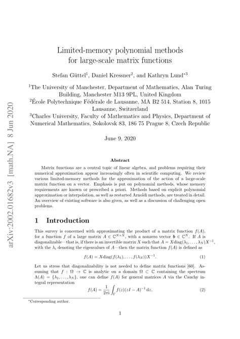 Pdf Limited Memory Polynomial Methods For Large Scale Matrix Functions