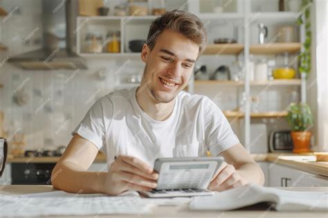 Premium Photo Smiling Young Man Calculating Taxes At Table In Kitchen