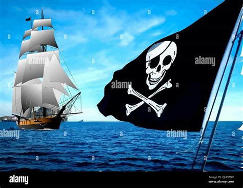 Pirate Flag And Sailboat On The Background Of The Sea 3d Vector Color