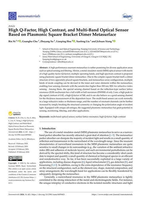 Pdf High Q Factor High Contrast And Multi Band Optical Sensor Based On Plasmonic Square