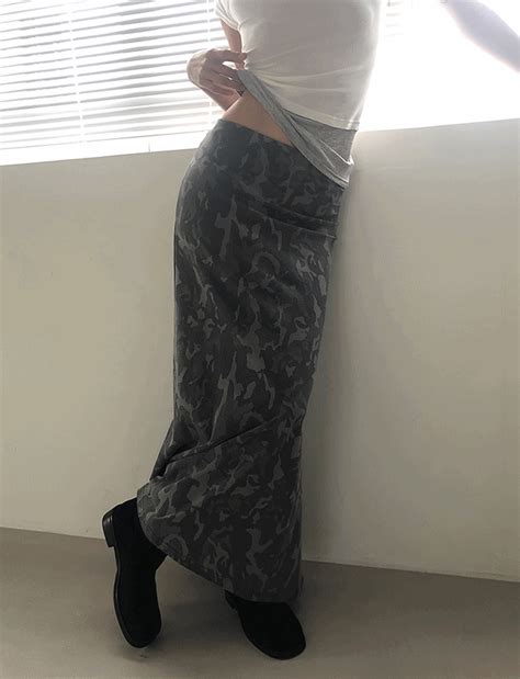 더에펠 카모 밀리터리 머메이드 맥시 롱스커트 2color