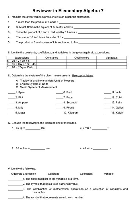 Q2 Elem Elementary Algebra Reviewer In Elementary Algebra 7 I
