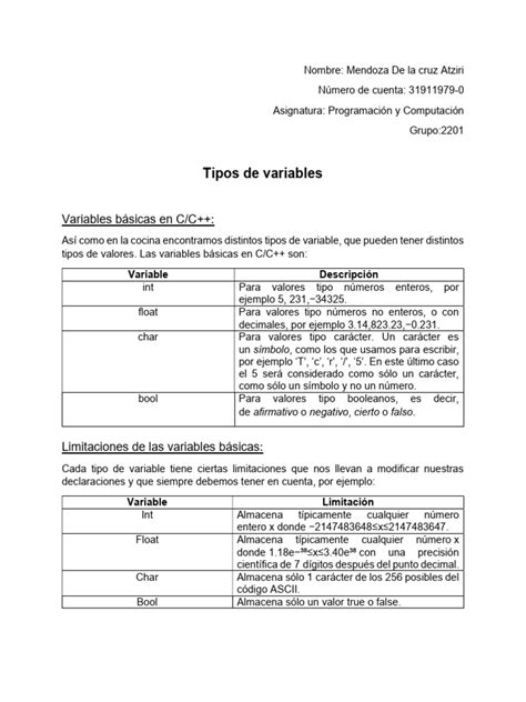 Tipos De Variables Pdf C Variable Informática