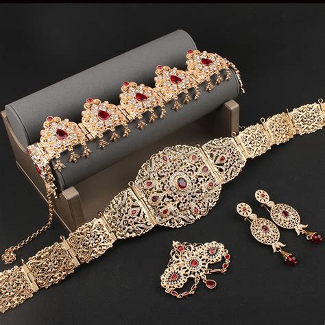 알제리 웨딩 쥬얼리 세트 신부 크라운 브로치 귀걸이 로브 허리 체인 모로코 웨딩 금속 허리 체인 레드 그린 크리스탈 Aliexpress