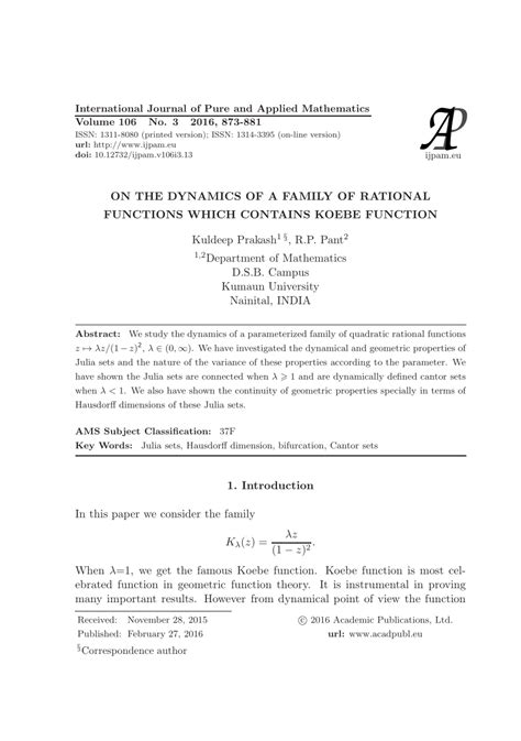 PDF ON THE DYNAMICS OF A FAMILY OF RATIONAL FUNCTIONS WHICH CONTAINS KOEBE FUNCTION