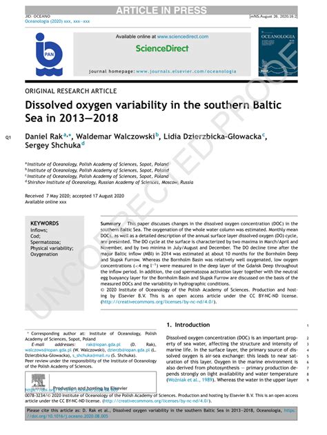 Pdf Dissolved Oxygen Variability In The Southern Baltic Sea In 20132018