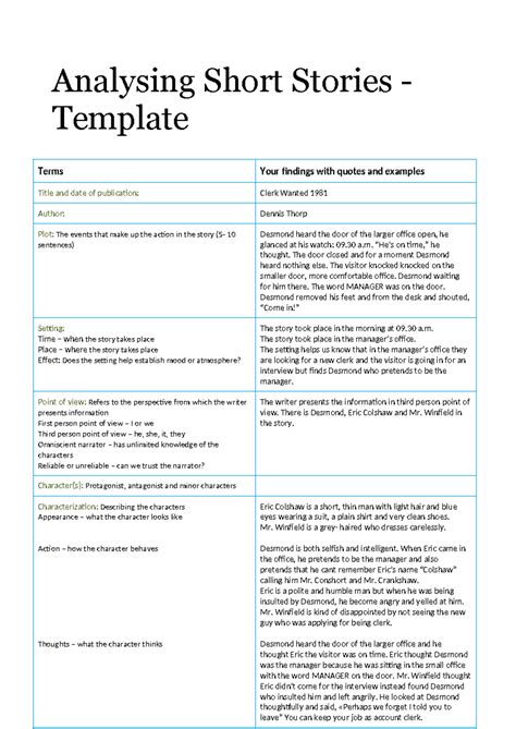 Analysing Short Stories Targets Template Analysing Short Stories