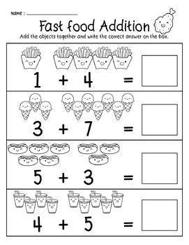 Fast Food Kindergarten Addition To 10 Math Number Printables Worksheets