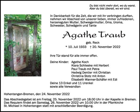 Traueranzeigen Von Agathe Traub Schwaebischede Trauerportal