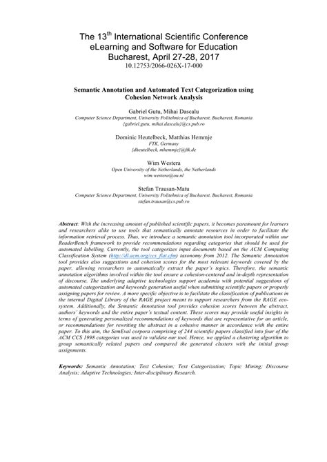 Pdf Semantic Annotation And Automated Text Categorization Using Cohesion Network Analysis