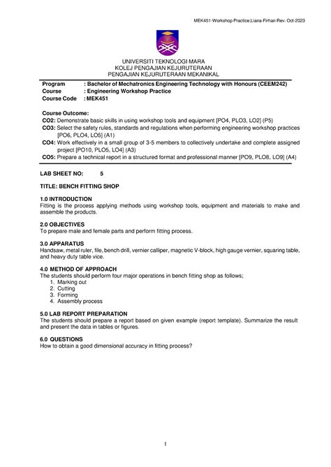 5 Fitting Lab Sheet Oct23 MEK451 Workshop Practice Liana Firhan Rev Oct 2023 1 UNIVERSITI