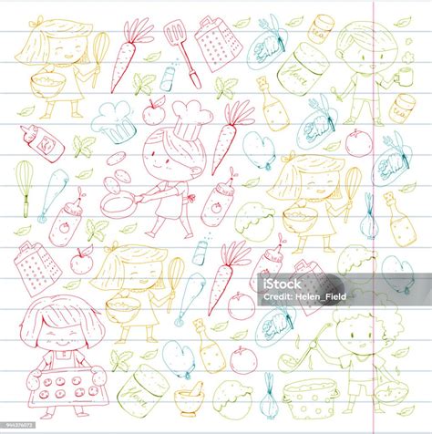 Chilren 메뉴 키즈 카페 레스토랑 유치원 및 유치원 학교 소년과 소녀 건강 한 음식과 음료입니다 빵집의 과일 야채 요리 클래스입니다 가정 주방에 대한 스톡 벡터 아트