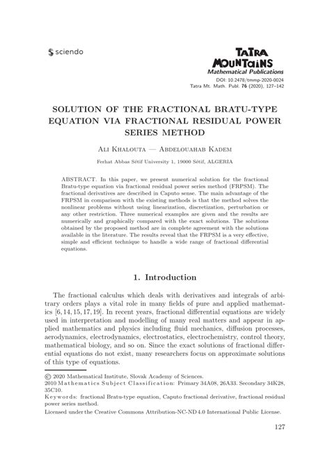 Pdf Solution Of The Fractional Bratu Type Equation Via Fractional Residual Power Series Method