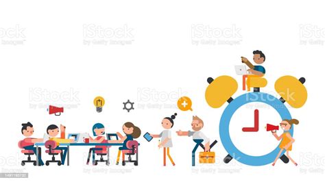 마감일에 초과 근무를 하는 직장인과 사업가 플랫 만화 캐릭터는 높은 스트레스 조건과 강한 보스 압력 하에서 작동합니다 성공으로 가는 길에 시간 관리 개념에 대한 스톡 벡터