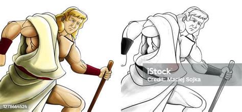 흰색 배경에 로마 또는 그리스 고대 캐릭터 전사 또는 검투사만화 스케치 장면 일러스트 검투사에 대한 스톡 벡터 아트 및 기타