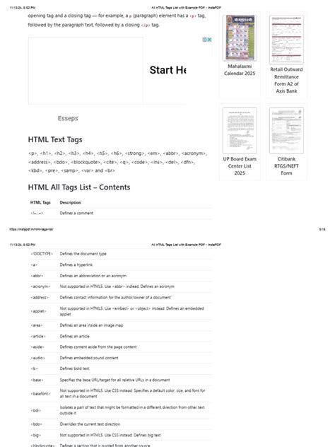 All Html Tags List With Example Pdf Html Element Html