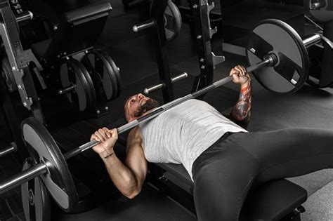 보디 빌딩 수염이 있는 남자 거짓말 하기 벤치 프레스 에 체육관 가 바벨 아래 압력 갈색 머리에 대한 스톡 사진 및 기타 이미지 갈색 머리 강사 건강한 생활방식