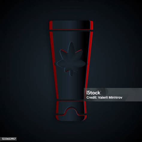 종이 컷 의료 크림 마리화나 또는 대마초 잎 아이콘 검은 배경에 고립 항아리에 대마초 오일 추출물의 조롱 종이 아트 스타일입니다 벡터 일러스트레이션 0명에 대한 스톡 벡터