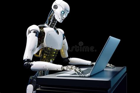 Robot Sitting At Laptop On Table With Keyboard In Front Of It
