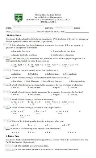Basic Calculus 12 Stem Midterm Exam Docx Interactive Worksheet Edform