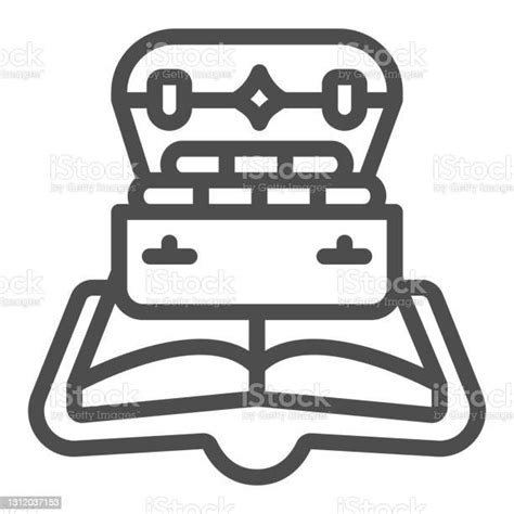 책 보물 상자 라인 아이콘 어린이 책 일 개념 흰색 배경에 오픈 북 벡터 기호 모바일 개념 및 웹 디자인을위한 해적 보물 이야기 개요 스타일 벡터 그래픽 0명에 대한 스톡