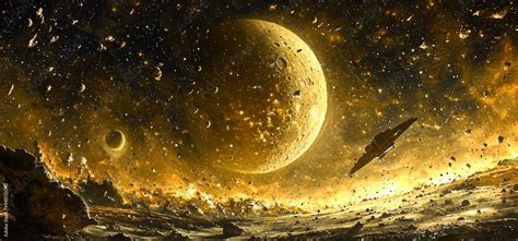 Celestial Exploration With The Moon And Distant Planets Spacecraft Navigating Through Cosmic