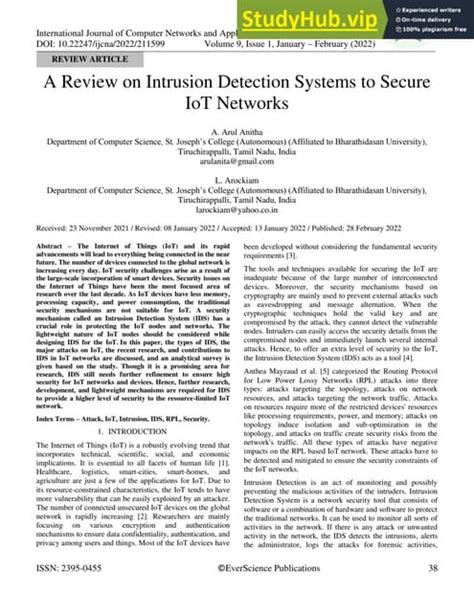 A Review On Intrusion Detection Systems To Secure Iot Networks Pdf