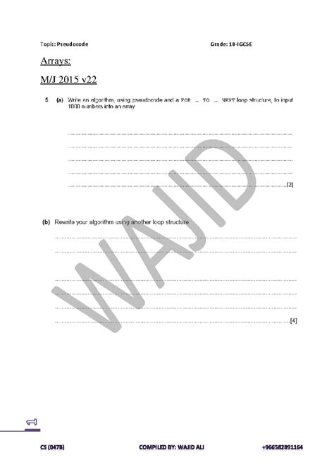 Pseudocode Algorithm Computer Science Igcse 0478 Topic Pseudocode Grade 10 Igcse Arrays M
