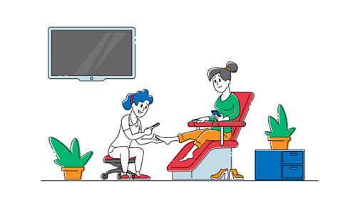 뷰티 프로시저를 신청하는 여성 캐릭터 방문 페디큐어 살롱 편안한 변형 의자에 앉아 클라이언트 소녀에 손톱에 대한 마스터 연마 및 관리 선형 사람 벡터 일러스트레이션 건강