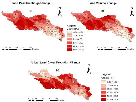 spatial variations of flood peak discharge a flood volume b and