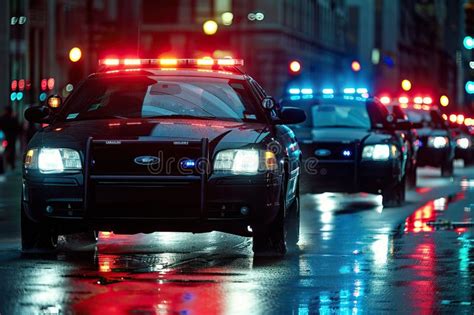 Police Cars With Flashing Lights On A Rainy Night In The City Stock