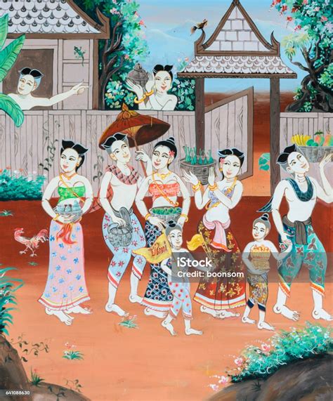 จิตรกรรมฝาผนังไทยเทศกาลปีใหม่ไทยพุทธ ภาพสต็อก ดาวน์โหลดรูปภาพตอนนี้ การถ่ายภาพ ภาพ การ