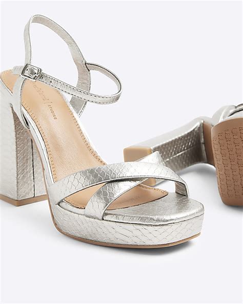 Silver Croc Embossed Platform Heeled Sandals River Island