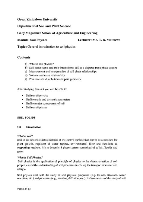 Lecture 1 General Introduction To Soil Physics Great Zimbabwe University Department Of Soil