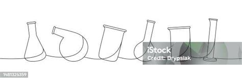 실험실 유리 제품 한 줄 연속 도면 원추형 플라스크 유리 비커 필터 깔때기 둥근 바닥 플라스크 연속 한 줄 그림 개체 그룹에 대한 스톡 벡터 아트 및 기타 이미지 Istock