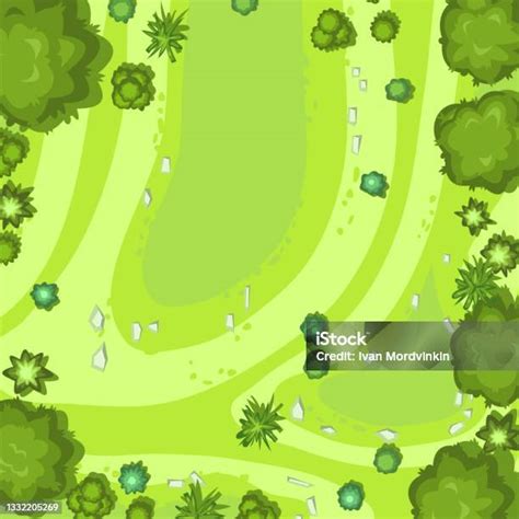 숲속의 구릉잔디 위에서 볼 수 있습니다 시골 시골 풍경 나무와 관목의 녹색 단풍 맨 위 보기입니다 만화 스타일의 배경 그림 벡터 0명에 대한 스톡 벡터 아트 및 기타 이미지