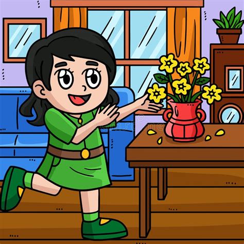St Patricks Girl Arranging Flower Colored Cartoon Stock Vector