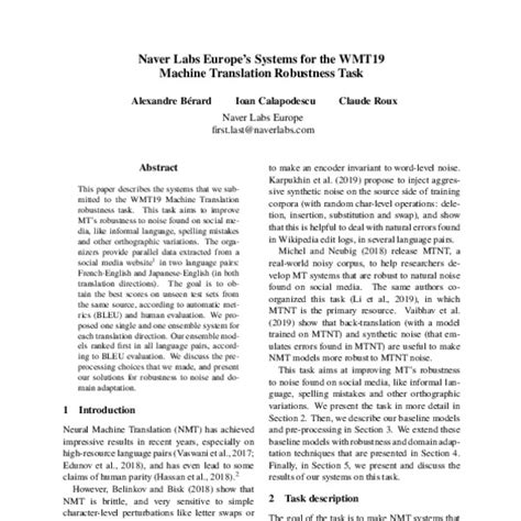 Naver Labs Europes Systems For The Wmt19 Machine Translation