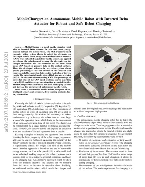 Pdf Mobilecharger An Autonomous Mobile Robot With Inverted Delta Actuator For Robust And Safe