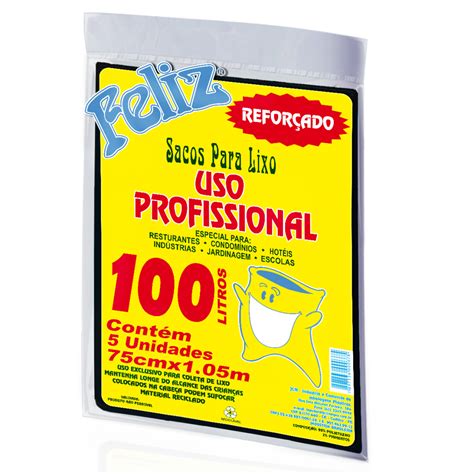 Saco Para Lixo Feliz Reforçado 100 Litros 075x105 Preto Com 5 Unidades