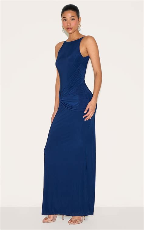Navy Double Layer Twited Halter Neck Maxi Dress Dresses