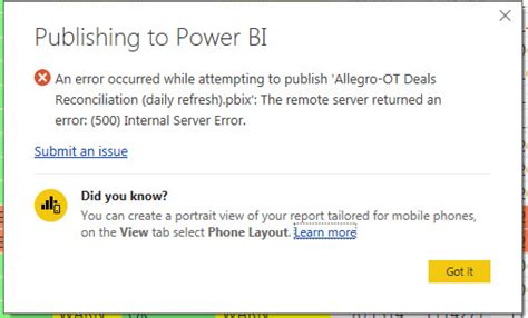 cannot publish power bi report 500 internal se microsoft fabric community