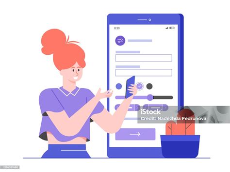 스마트 폰을 가진 소녀 응용 프로그램 설정 인터페이스가있는 대형 장치입니다 사용자 계정 사용자 지정 벡터 플랫 일러스트레이션 맞춤형에 대한 스톡 벡터 아트 및 기타 이미지