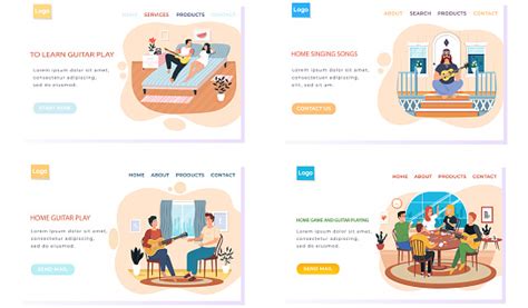 일러스트 세트 기타 연주를위한 레슨 및 팁이있는 웹 사이트 사람들은 음악과 함께 시간을 보낸다 교실에 대한 스톡 벡터 아트 및 기타 이미지 Istock
