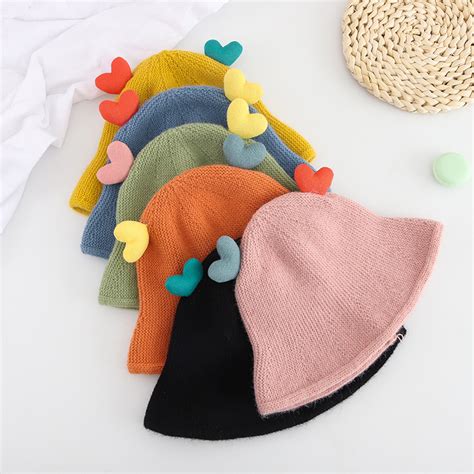 儿童秋冬款保暖毛线帽超萌儿童糖果色双爱心针织渔夫帽宝宝盆帽潮虎窝淘