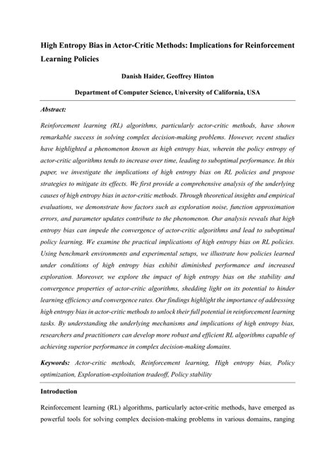 Pdf High Entropy Bias In Actor Critic Methods Implications For