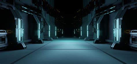 금속 또는 콘크리트 사이버 펑크 공간 배경 외계인 터널 선박 복도 지 발 자 레이저 멋진 어두운 파란색 색상 추상적 배경 초현실적 인 미래 3d 렌더링 0명에 대한 스톡