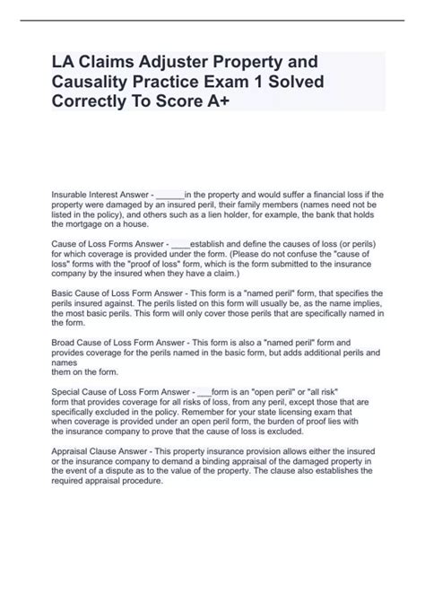 La Claims Adjuster Property And Causality Practice Exam 1 Solved Correctly To Score A La